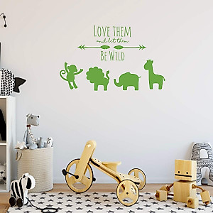 Animal Themed Wall Decal - Love Them Let Them Be Wild - Vinyl Decor for Baby's Nursery, Bedroom Kids Room, Playroom or Classroom – Silhouette of Lion, Hippo, Elephant and Giraffe