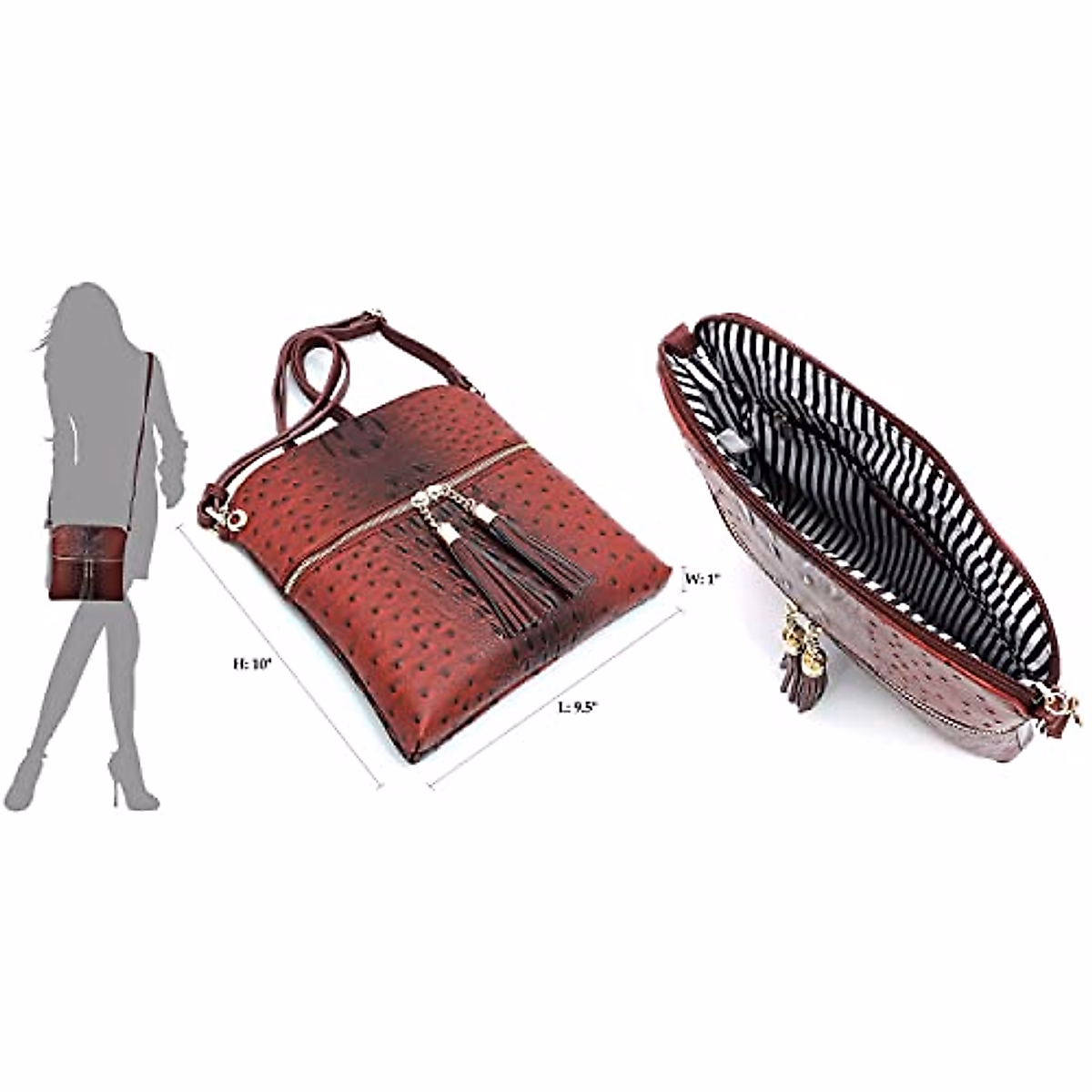 Ostrich Croc Tassel Zipper Pocket Crossbody Bag Animal Pattern Printed Shoulder Bag Womens Purse Satchel (Royal Blue)