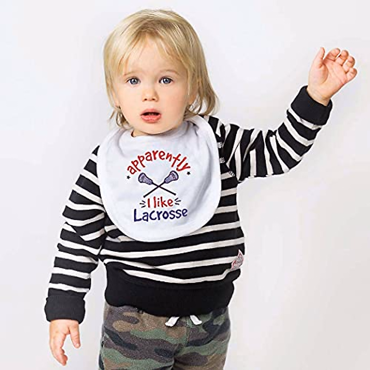 ChalkTalkSPORTS Guys Lacrosse Baby & Infant Bib | Apparently, I like Lacrosse | Microfiber Bib