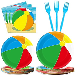 96 Pcs Beach Ball Party Supplies Tableware Summer Pool Ball Party Plates and Napkins Set Beach Birthday Party Favor Decorations For Kids Serves 24