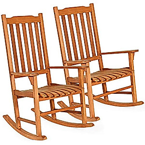 Giantex Set of 2 Porch Rocking Chair Outdoor and Indoor Use, Solid Eucalyptus Wood Rocker with Natural Finish, Front Porch Chairs for Patio Deck Garden, Wooden Rocking Adirondack Chair Set