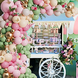 Sage Green And Pink Balloon Arch Kit With Shiny Gold Butterfly Stickers,177Pcs Pastel Green Blush Gold Balloon Garland For Spring Tea Party Decoration Wedding Bridal Baby Shower Fairy Balloon Arch