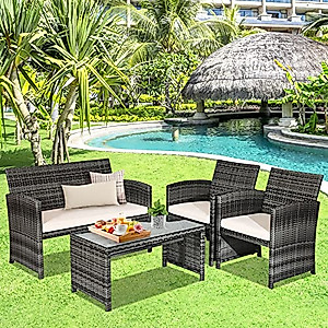 RELAX4LIFE 4-Piece Wicker Furniture Set - Hand-Woven PE Conversation Set with Cushions and Tempered Glass Coffee Table, Outdoor Rattan Sofas for Garden, Poolside, Backyard (White)