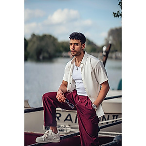 COOFANDY Men's Summer Linen Shirt - Short Sleeve, Casual Button Down, Beach Wedding - White