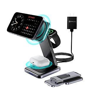 3 in 1 Magnetic Wireless Charger,Foldable Mag-Safe Wireless Charging Station for Apple Watch Series 9/Ultra 2/8/7/SE/SE2,Apple 15 Pro Max/15/14/13,Air-Pods 3/Pro/2 Mag Safe Charger Stand Dock(Black)