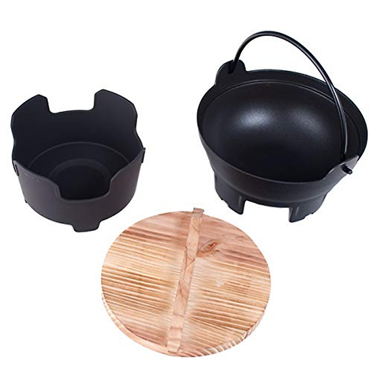 Happy Sales HSNBS-IRORI, Japanese Style Single Serving Shabu Shabu Pot Pan Hot Pot Sukiyaki Pan Irori Nabe Pot with Wooden Lid and Cooking Stove 32 fl. oz 7" Diameter
