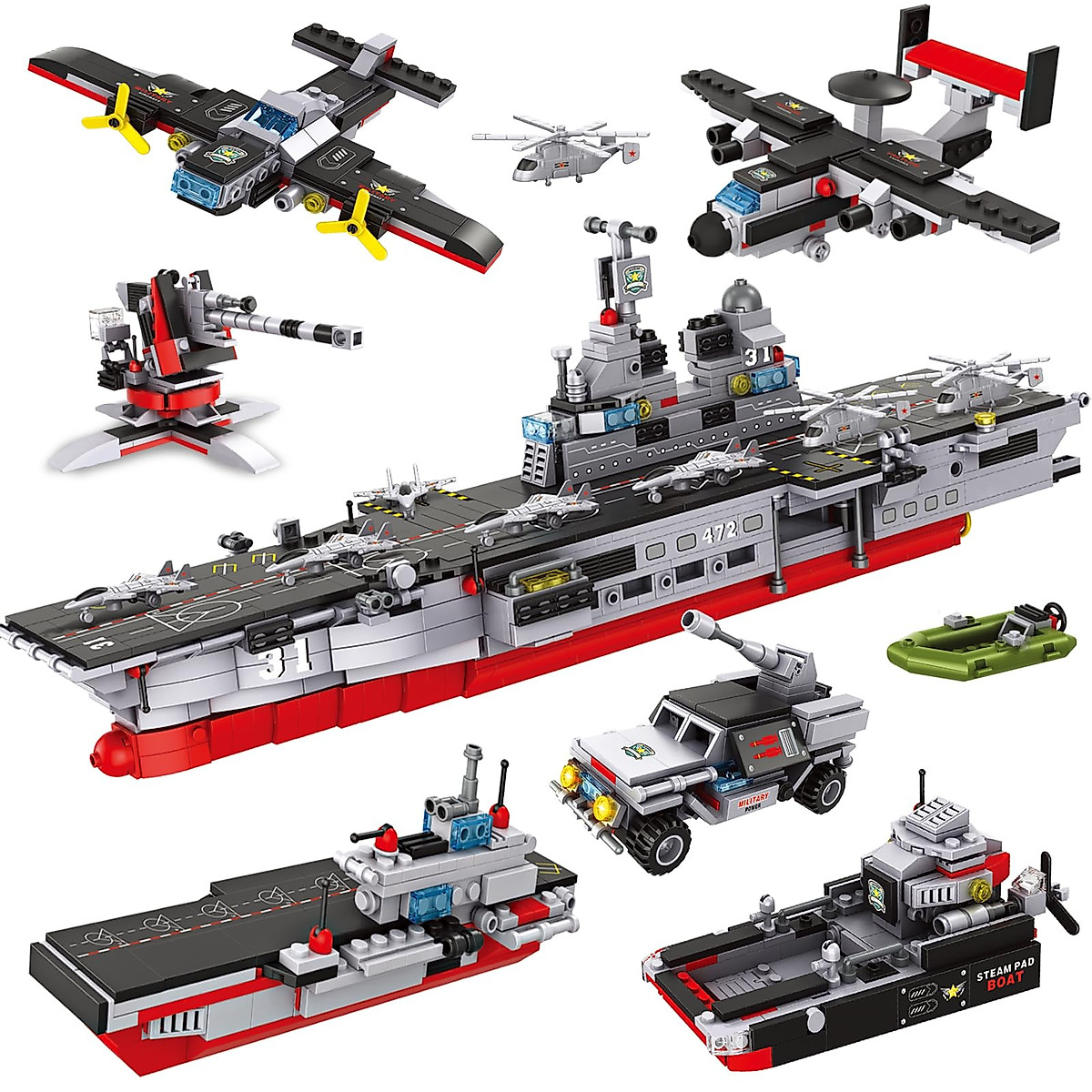 Aircraft Carrier Building Set, 1161 Pieces Military Battleship Building Blocks Sets with Patrol Boat, Fighter Airplane, Creative WW2 Roleplay Ship Construction toys for Kids Boys Girls 6-12 Years Gift