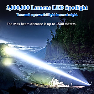 Rechargeable Spotlight, 3,000,000 Lumens Led Spot Lights Outdoor Handheld Super Bright Powerful Long Range Flashlight with 4 Modes, Tripod, USB C, IPX5 Waterproof for Fishing Boating Camping