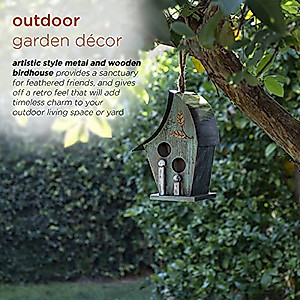 Alpine Corporation YEN134HH-TUR Wooden Birdhouse Outdoor Decor for Garden, Patio, Deck, Porch, 8" L x 6" W x 12" H with Rope: 21”H, Turquoise