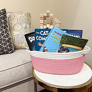 GIFTEXPRESS Pink & White Woven Basket - 13" x 8" x 5" Cotton Rope Organizing Baskets for Baby Items or Cat & Dog Toys - Cute Soft Gift Storage Bin w/Handles