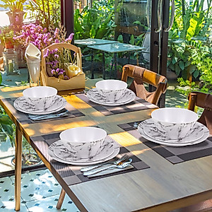 CUAEIBEY 12-Piece Melamine Dinnerware Set, White Marble, BPA-Free, Dishwasher Safe, Service for 4, Indoor/Outdoor Use