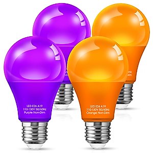JandCase Halloween Orange Purple LED Light Bulbs Outdoor, [4 Pack] Orange Purple Halloween Light Bulb 9W(60W Equivalent), E26 Base A19 LED Color Light Bulb, Halloween Decoration, Non-Dim