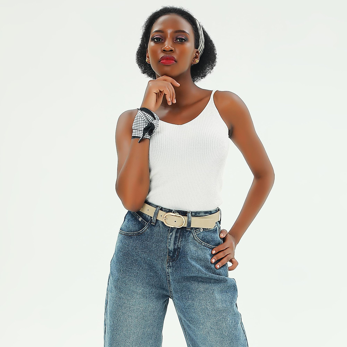 Tanpie Womens Leather Waist Belts for Jeans Pants with Gold Buckle Beige Medium