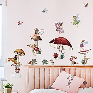 wondever Fairy Mushroom Wall Stickers Flying Girl with Wings Peel and Stick Wall Art Decals for Kids Nursery Baby Room Bedroom