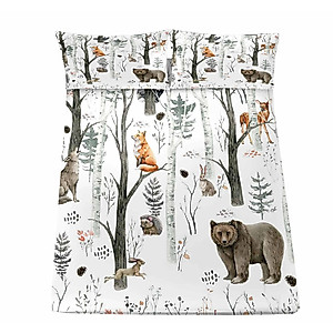 LUVIVIHOME 4PCS Woodland Animals Sheets Set, Queen Bed Sheets, White Sheets, Boys Girls Kids Bedding, Bear Deer Fox Forest Animal Lodge Cabin Bedding Set, 1 Fitted Sheet & 1 Flat Sheet & 2 Pillowcases