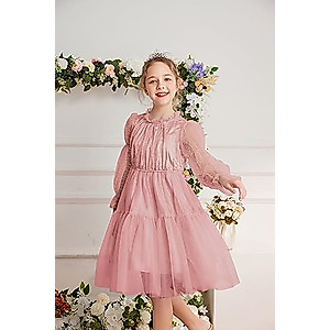GRACE KARIN Girls Pink Dress Mesh Long Sleeve Flared Party Dresses Size 5-6 Fall Flower