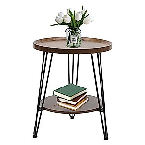 Round End Table, Small Side Table with Storage Shelf, 2-Tier Circular Rustic Vintage Table, Solid Telephone Table Nightstand for Living Room Bedroom Entryway, Black Metal Leg and Walnut Boards