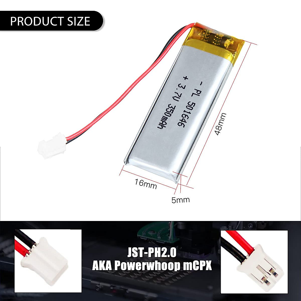 AKZYTUE 3.7V 350mAh 501646 Lipo Battery Rechargeable Lithium Polymer ion Battery Pack with JST Connector