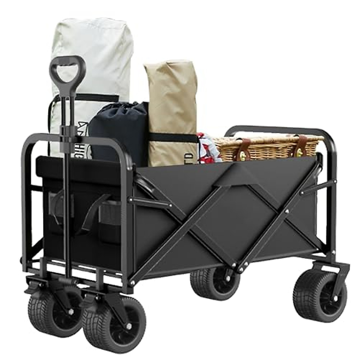 QivvMivo Collapsible Folding Wagon Load 330 Lbs, Heavy Duty Utility Beach Wagon Cart for Sand with Big Wheels, Adjustable Handle&Drink Holders for Garden Outdoor Camping Beach Sports, Grocery (Black)