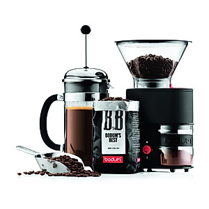 Bodum Bistro Burr Coffee Grinder, 1 EA, Black & Pour Over Coffee Maker with Permanent Filter, 1 Liter, 34 Ounce, Black Band
