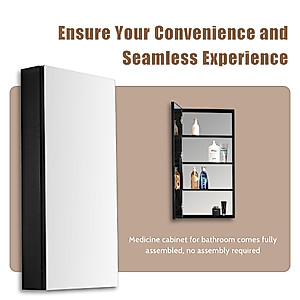 THNIKRE Black Medicine Cabinet, 18x36 inch Single-Door Bathroom Cabinet with Mirror, Wall Mounted Cabinet Medicine Full-Overlay Mirrored with Beveled Edges, Recessed or Surface Mount Aluminium 38lbs