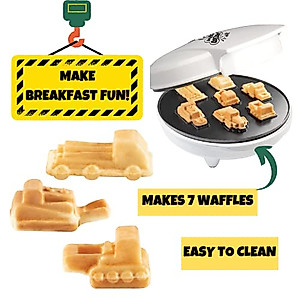 Construction Trucks Mini Waffle Maker- Make 7 Fun Different Vehicle Shaped Pancakes Featuring a Bulldozer Forklift & More- Electric Nonstick Pan Cake Car Waffler Iron, Fun Breakfast for Kids, Adults