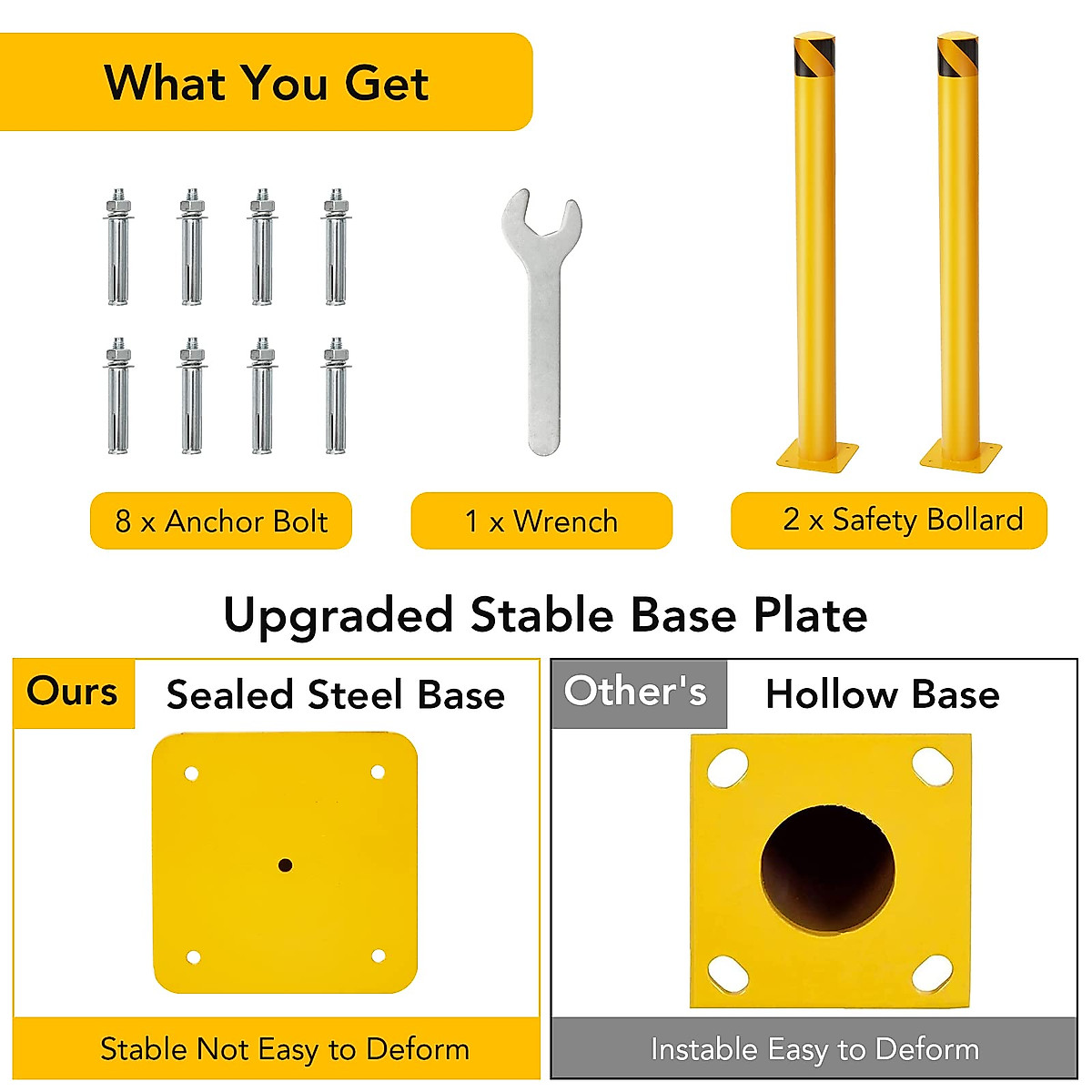 4 Packs 48 Inch Height Bollard Post, Iron Steel Safety Bollard Parking Barrier for Parking Lot, Yellow Driveway Security Bollards for Traffic Control, Parking&Traffic-Sensitive Area