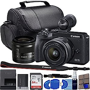Camera EOS M6 Mark II Mirrorless Camera with 15-45mm Lens and EVF (Black) with 64GB Memory, Padded Carrying Bag, High Speed Card Reader + More (18 Items)