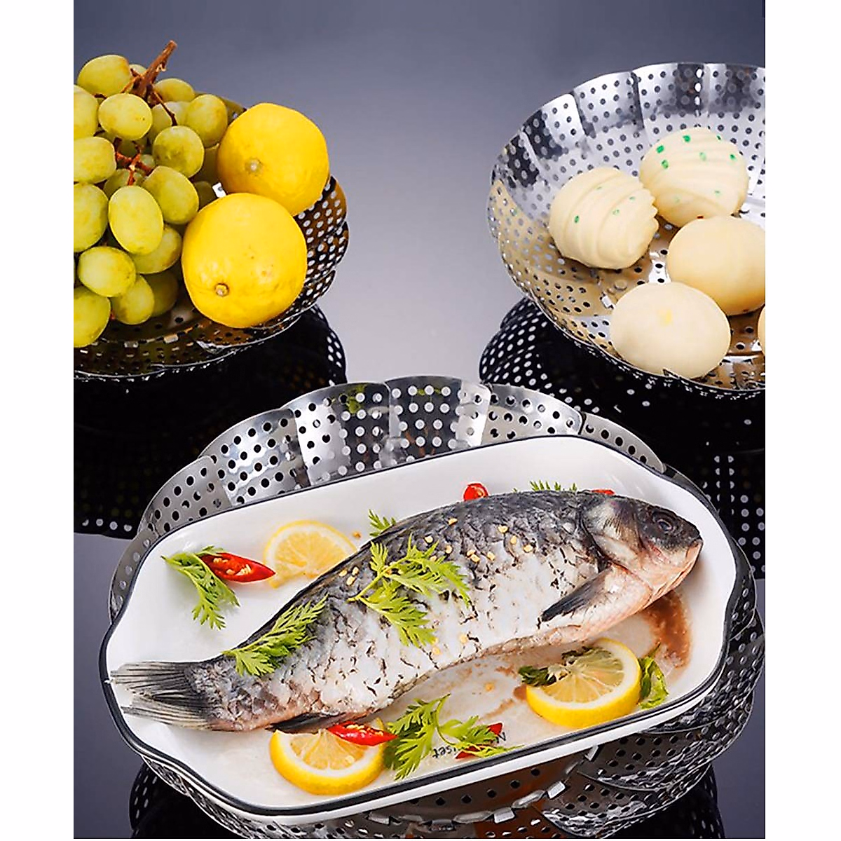 Vegetable Steamer Basket, Stainless Steel Folding Steamer Basket Insert for Veggie Fish Seafood Cooking, Expandable to Fit Various Size Pot (5.1" to 9" Triangle)