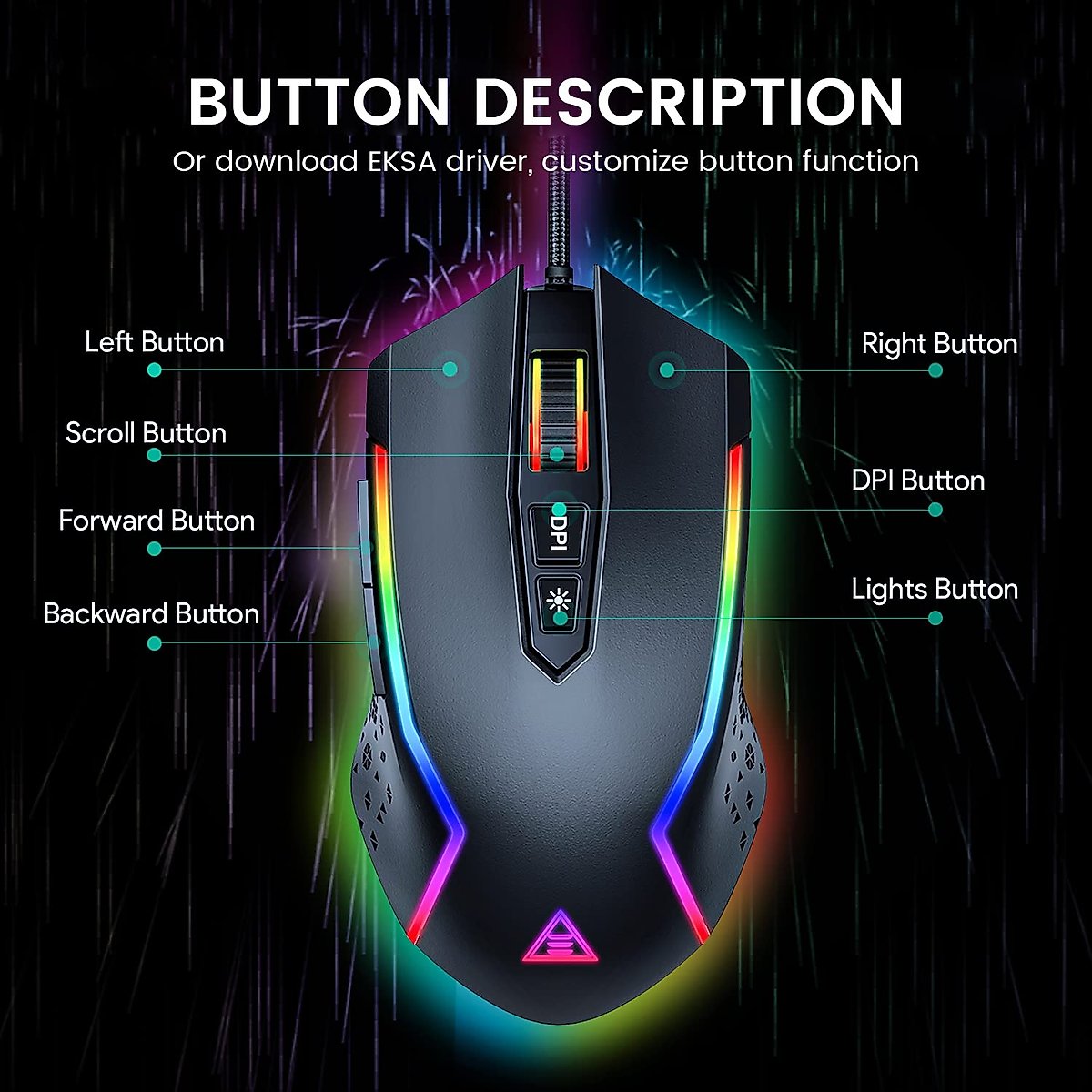 EKSA Gaming Mouse, Computer Mouse with 7 Programmable Buttons, Wired Gaming Mice with Chroma RGB 6 Backlit & Adjustable 8000DPI for Windows PC Gamers