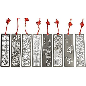 Metal Bookmarks 8 Pcs Hollow Art Stainless Steel Book Mark with Red Enless Knot, Bookmarks Gift for Men Women Book Lovers, Unique Book Marks Accessories