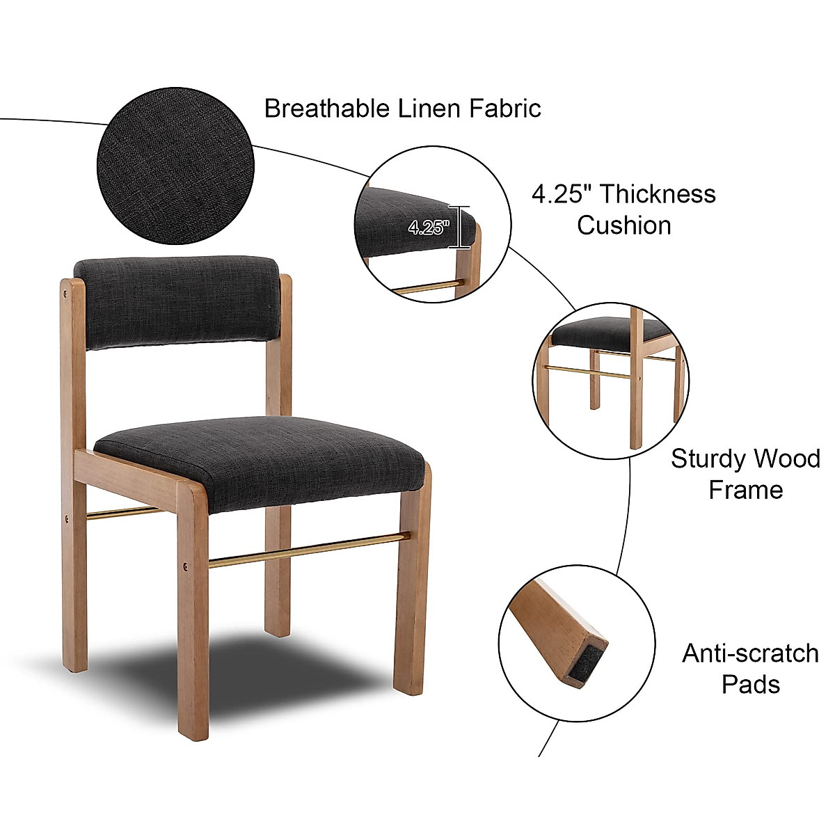 Shunzhi Mid Century Modern Dining Chairs Set of 2 Upholstered Linen Dining Room Chairs with Adjustable Back Wooden Farmhouse Side Chairs for Living Room/Dining Room,Charcoal Black