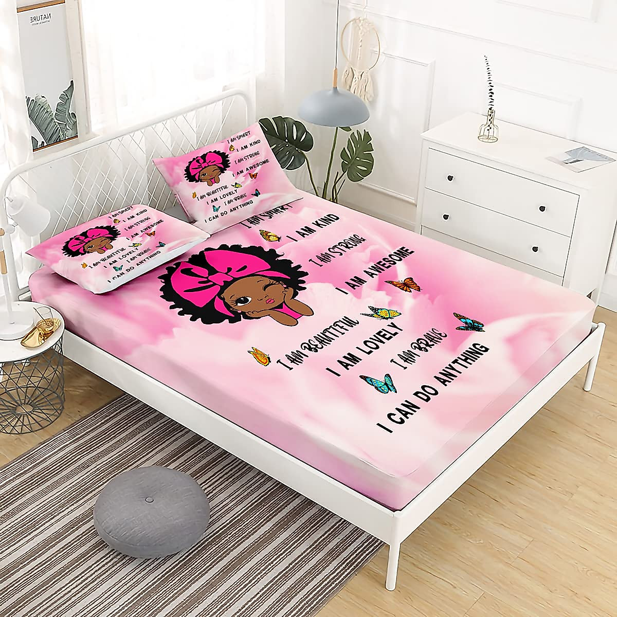 Black Girl Magic Bedding Sets Queen Size African American Girl Fitted Sheet Set Cute Little Afro Black Princess Bed Sheet Set for Girl Bedroom Room Decor (1 Fitted Sheet + 2 Pillowcases) Pink