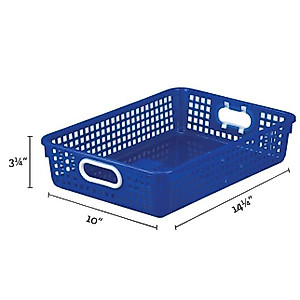 Really Good Stuff Plastic Desktop Paper Storage Baskets for Classroom or Home Use – 14”x10” Plastic Mesh Baskets Keep Papers Crease-Free and Secure – Blue Baskets With White Handles (Set of 12)