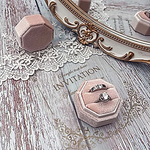 Beatilog Velvet Ring Box - Octagon Premium Vintage Wedding Ring Holder Handmade Double Ring Bearer Jewelry Display Organizer for Proposal, Engagement, Ceremony, Christmas, Photography (Light Pink)