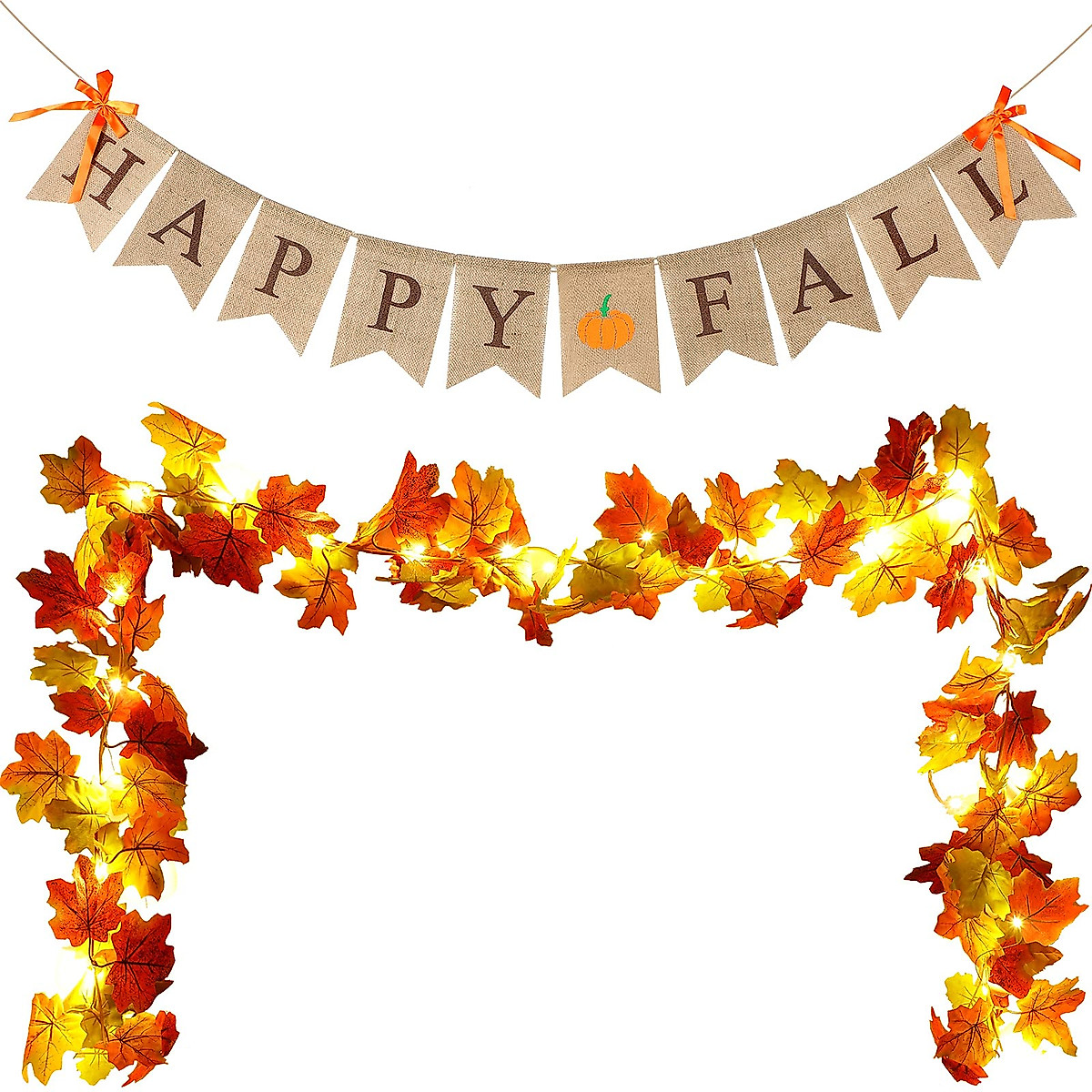 Thanksgiving Maple Leaf Garland Artificial Fall Foliage Garland and 20 LEDs String Light and Happy Fall Burlap Banner Thanksgiving Pumpkin Bunting Flag Garland for Autumn Thanksgiving Window Decor