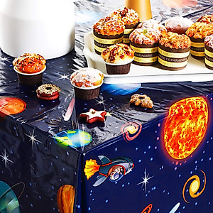 Space Tablecloth Decorations, Plastic Solar System Table Cover Planet Design for Kids Space Theme Birthday Party Decorations and Supplies, 54 x 108 Inch (3 Pieces)