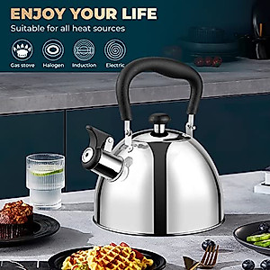 Tea Kettle for Stove Top - HIHUOS 2.2QT Whistling Teapot for Stovetop with Universal Base - Food Grade Stainless Steel Tea Pots for Stove Top - Mirror Sleek Teakettle with Cool Grip Bakelite Handle