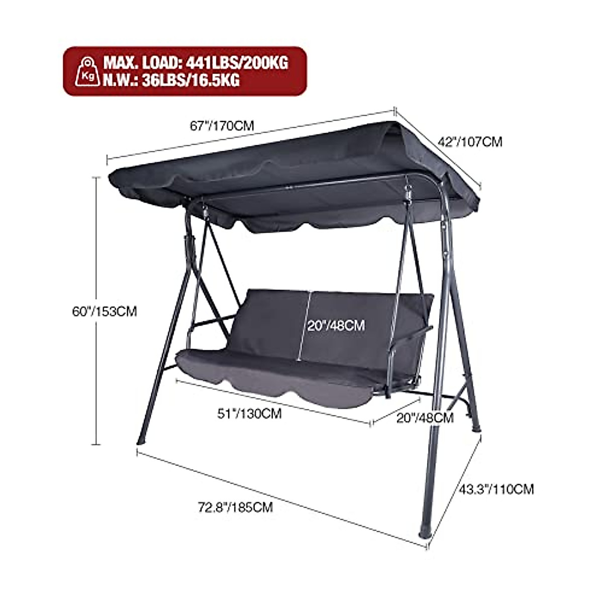 RedSwing 3 Seat Canopy Swing Outdoor, Patio Swing Chair for Porch with Removable Cushions and Adjustable Canopy, Outdoor Porch Garden Swing Glider, Grey