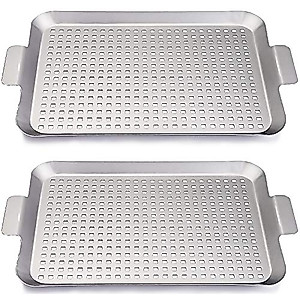 Nicunom 2 Pack BBQ Grilling Pan, Stainless Steel Grill Topper with Handles Non-Stick Barbecue Grill Work Grill Cookware for Meat, Vegetables & Seafood
