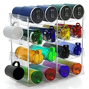 DWWFCC Large Water Bottle Organizer for Cabinet w 8 Hooks - Stackable Clear Bottle Storage Organizer, Acrylic Plastic Tumbler Travel Mug Cup Organizer Holder Wine Rack for Countertop-2oz to 32oz