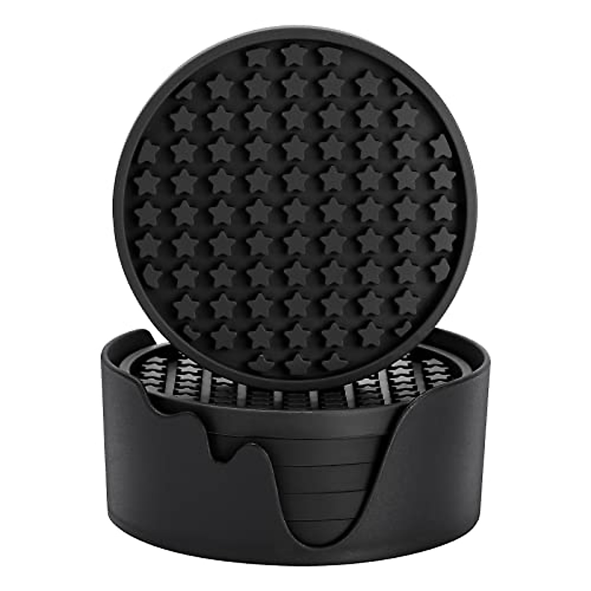 ME.FAN Silicone Coasters [6 Pack] Coasters for Drinks - Star Drinking Coasters with Holder - Cup Mat - Thickened, Non-Slip, Non-Stick, Deep Tray - Prevents Furniture and Tabletop Damages Black