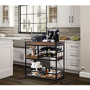 Ohsuaniy Bar Cart with Power Outlet, Industrial Kitchen Serving Cart with Wine Rack & Glass Holder, Coffee Bar Table Station with Storage, Rolling Cart on Wheels with 59IN Cord, Brown