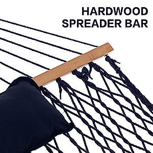 PNAEUT Max 475lbs Capacity Double Hammock with Stand Included 2 Person Heavy Duty Traditional 2 People Rope Hammocks Stand with Pillow for Outside Porch Patio Garden Backyard Outdoor (Navy)