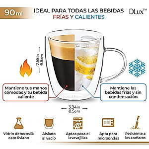 DLux Espresso Coffee Cups 3oz, Double Wall, Clear Glass Set of 2 Glasses with Handles, Insulated Borosilicate Glassware Tea Cup