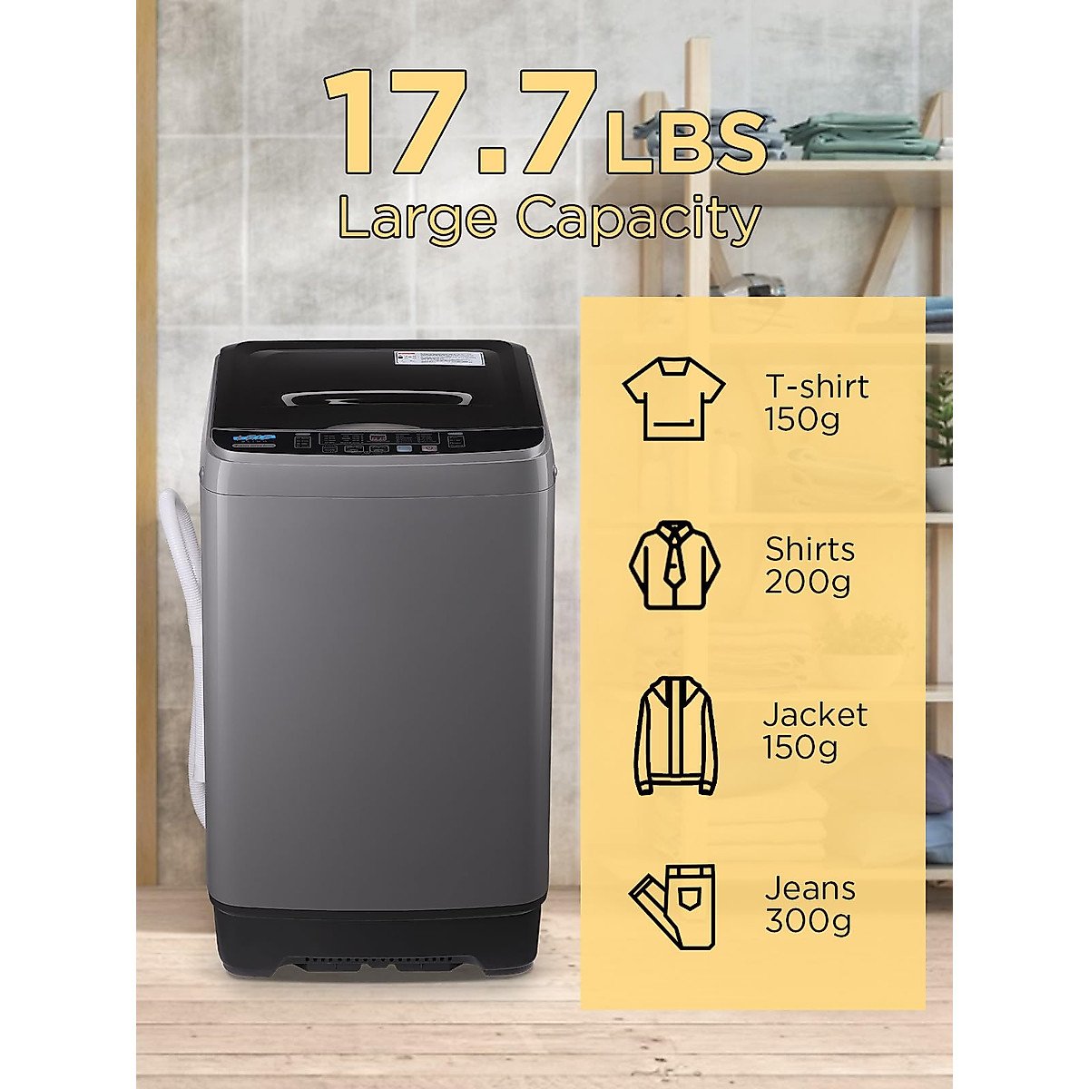 Krib Bling 17.7 lbs Full-Automatic Washing Machine with LED Display, Portable Compact Laundry Washer with Drain Pump, 10 Wash Programs 8 Water Levels, Grey