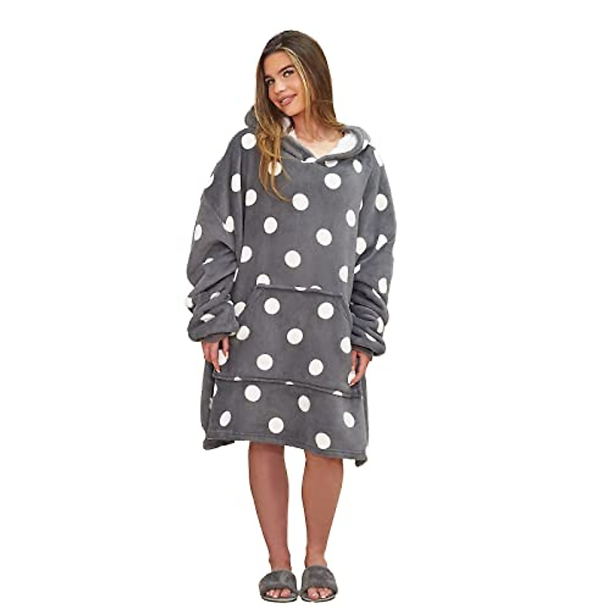 Dreamscene Spotted Print Oversized Hoodie Blanket Sweatshirt Soft Sherpa Fleece Throw Cosy Wearable Hooded Blanket Big Jumper - Grey, One Size Fits All - Adults Kids Men Women