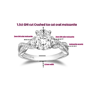 DovEggs Solid 14K White Gold 1.5ct Center 6X8mm G-H-I Color Elongated Oval Ice Crush Cut Moissanite Split Shank Engagement Ring with Accents for Women Band Width 2.1mm, white gold, Moissanite
