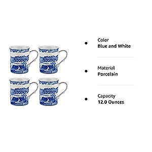 Spode Blue Italian Large Mugs | Set of 4 | 340ml / 12-ounces | Cup for Coffee, Tea, and Other Beverages | Blue/White | Made of Porcelain | Dishwasher Safe