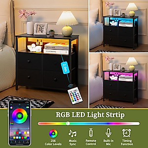 Yoobure Night Stand with Charge Station, Nightstand with 4 Drawers Bedside Table, LED Dresser with Storage Shelf, Night Stands for Bedroom, Side Table 3-Tier Wood End Table for Home, Office Black